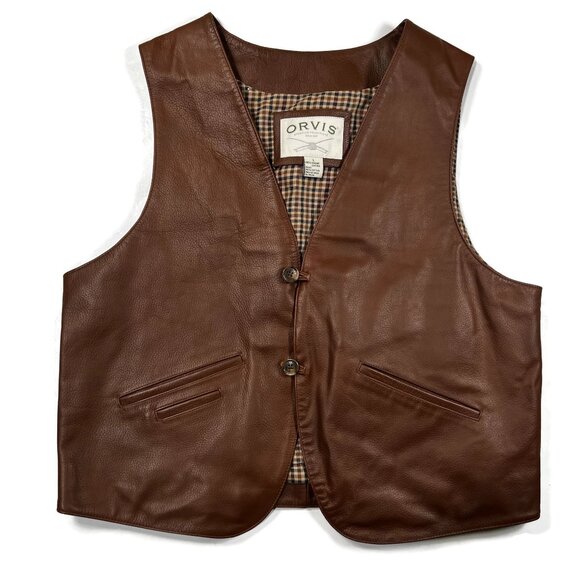 Orvis | Jackets & Coats | Orvis Brown Leather Vest Mens Large Button Up ...
